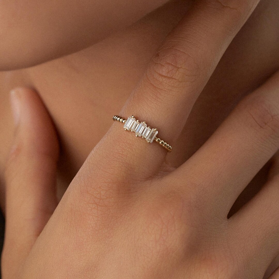 Penta Baguette Bead Shank Ring, 14K Solid Gold Ring, Baguette Rings ...