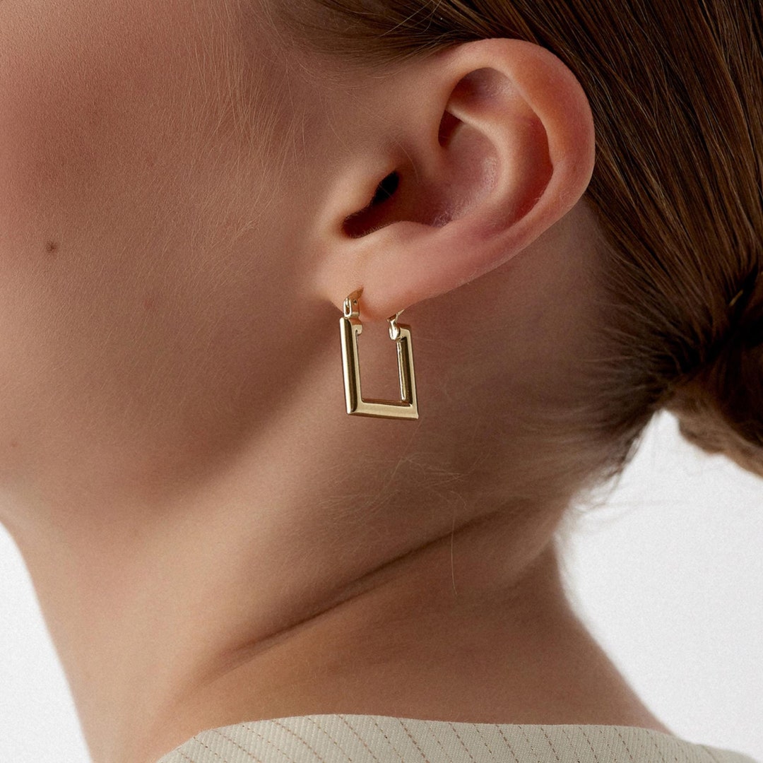 Square Earring, 14K Patented Solid Gold Earrings, Dainty Earrings ...