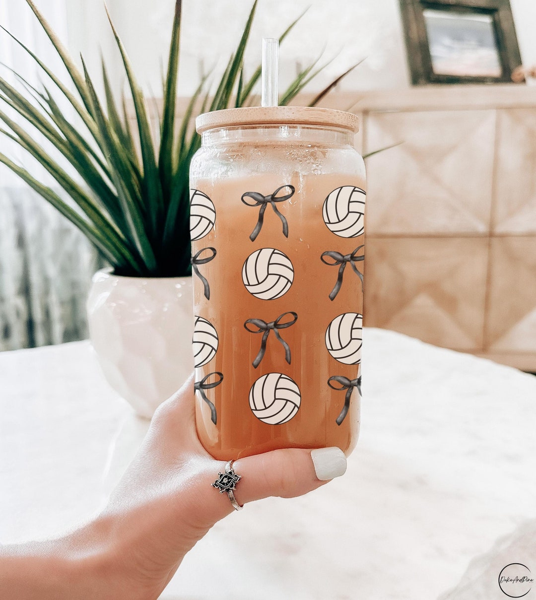 Volleyball Bows Glass Cup Volleyball Iced Coffee Cup Glass Can ...