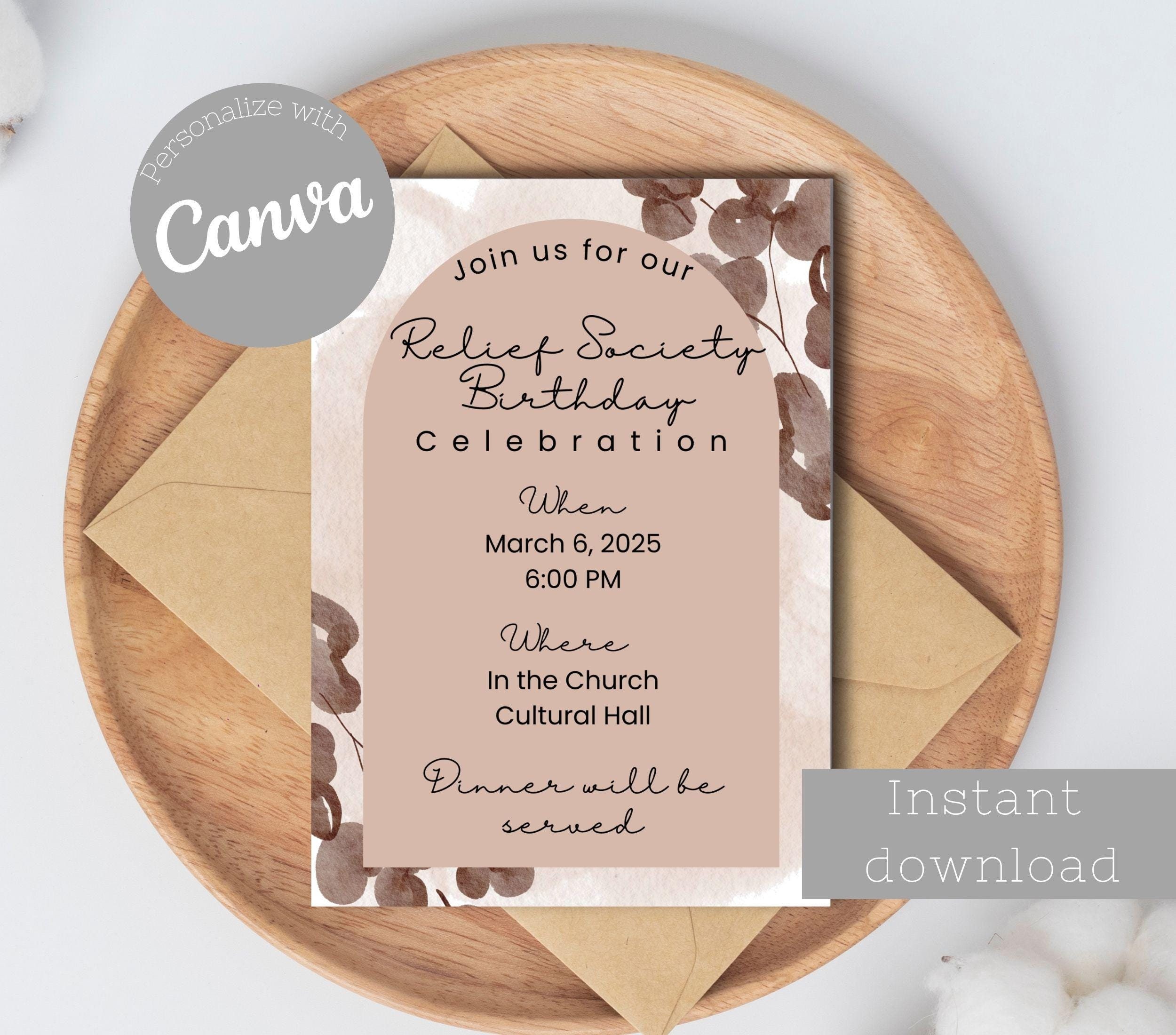 Relief Society Birthday Invitation | Editable LDS Invite, Canva ...