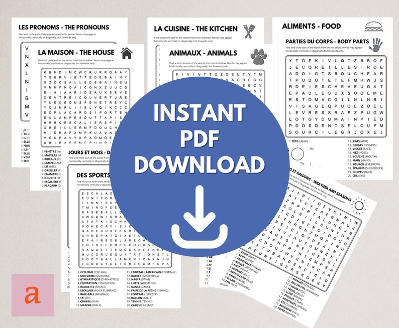 French Word Search Workbook, Learn French Vocabulary (instant Download ...