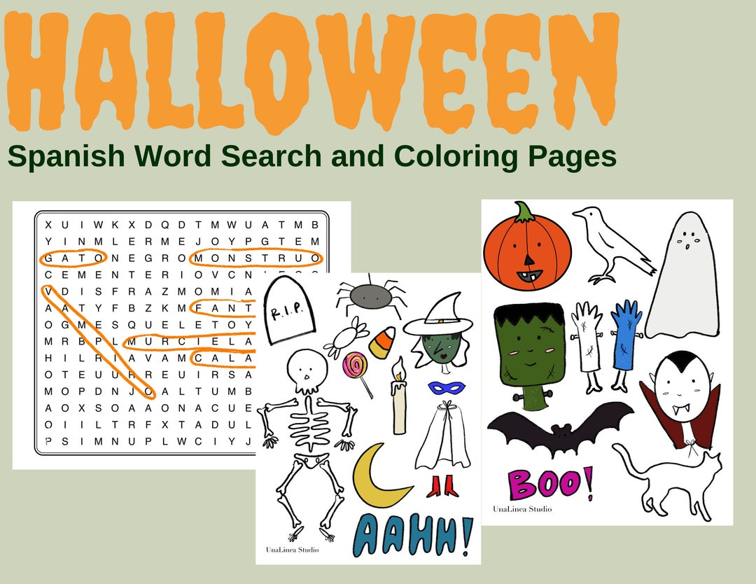 Halloween Spanish Word Search Workbook and Coloring Pages for Kids and ...