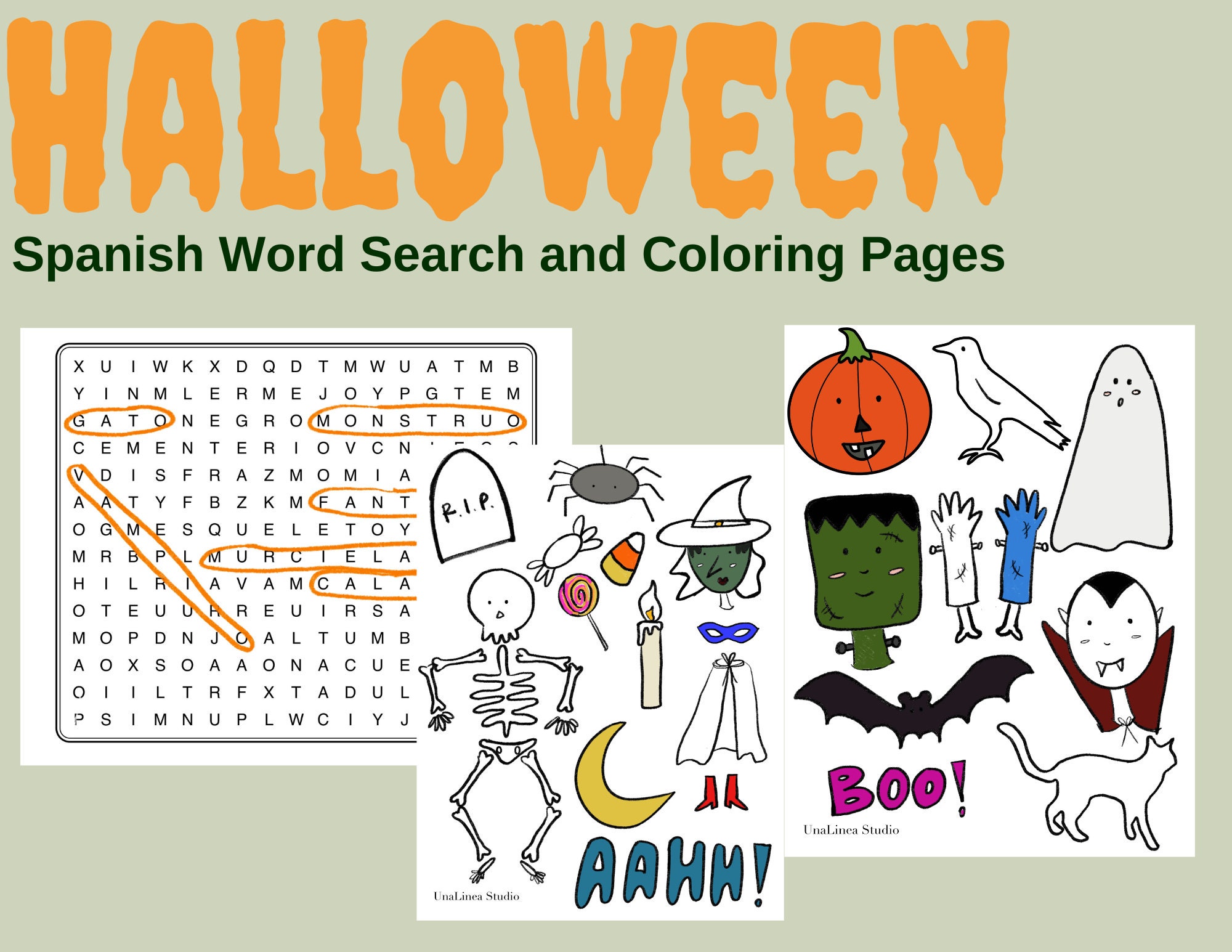 Halloween Spanish Word Search Workbook and Coloring Pages for Kids and ...