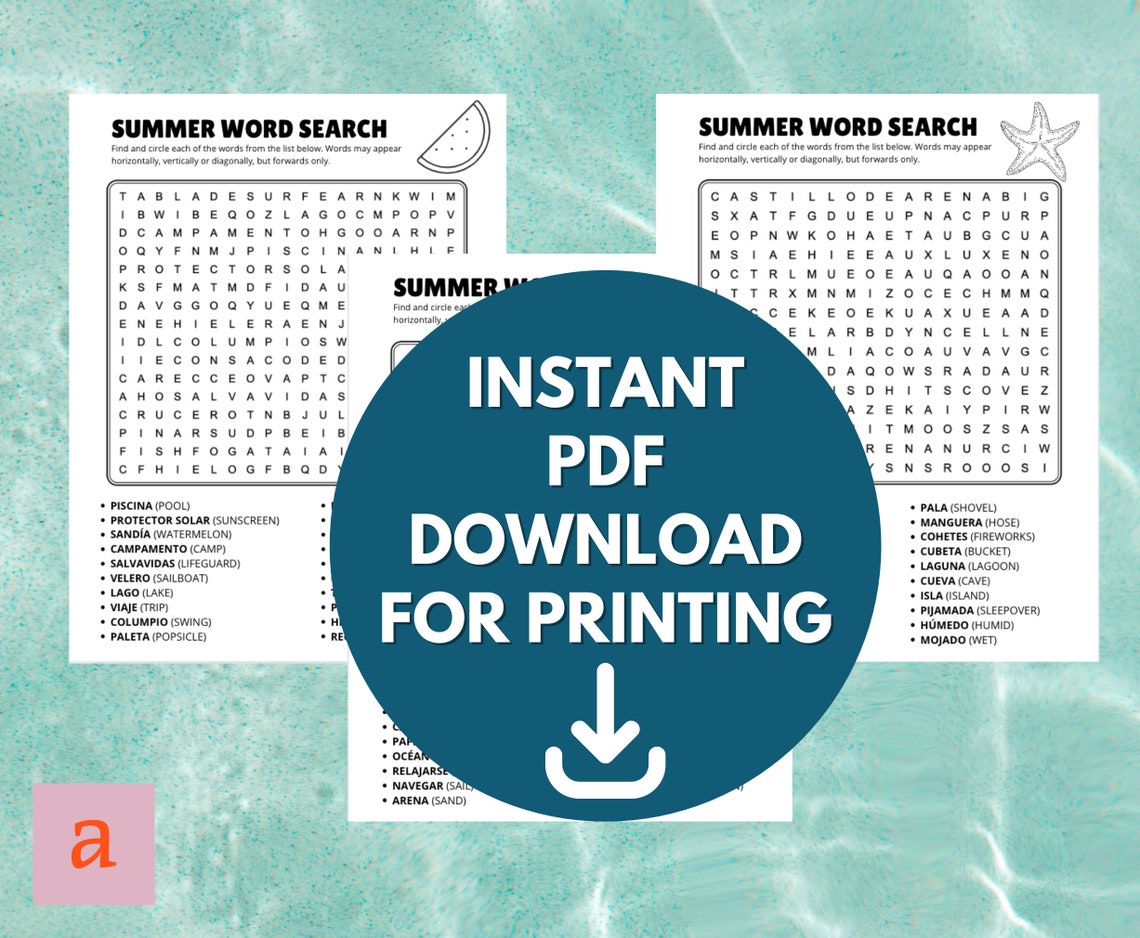 Summer Spanish Word Search Worksheets for Kids and Adults, Learn ...