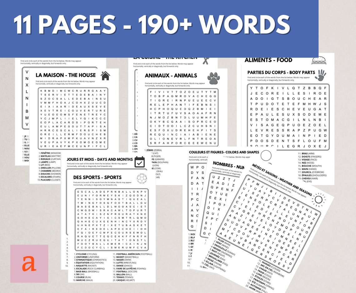 French Word Search Workbook, Learn French Vocabulary (instant Download ...