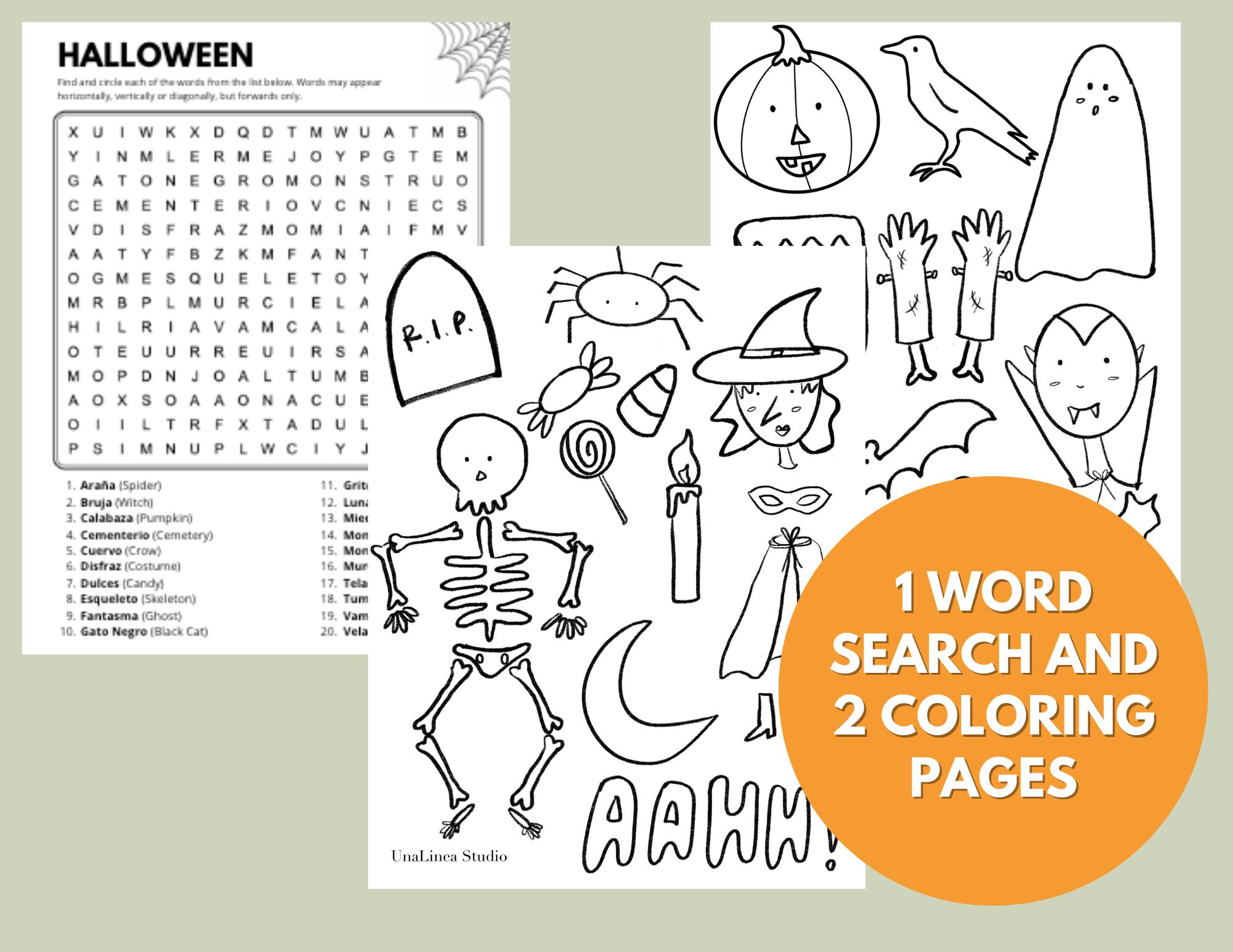 Halloween Spanish Word Search Workbook and Coloring Pages for Kids and ...