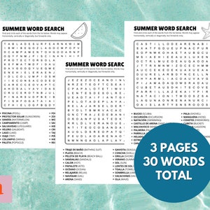 Summer Spanish Word Search Worksheets for Kids and Adults, Learn ...
