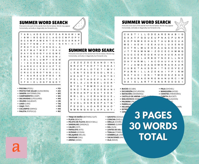 Summer Spanish Word Search Worksheets for Kids and Adults, Learn ...