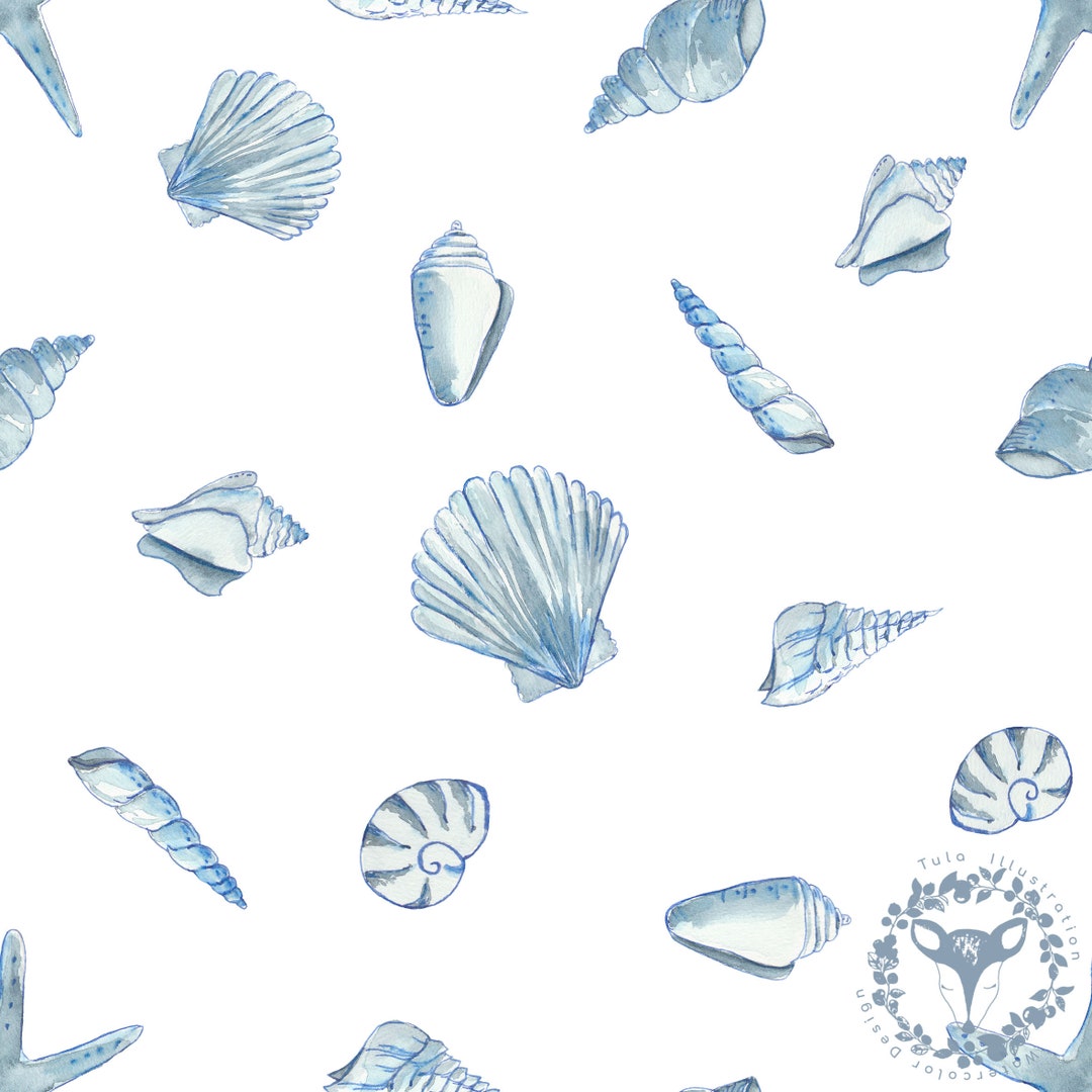 Watercolor Sea Life Seamless Pattern, Seashell Fabric Design (digital ...