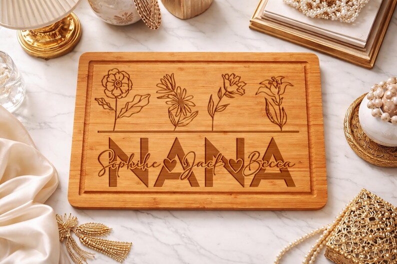 Personalized Engraved Bamboo Nana Cutting Board, Personalized Floral ...