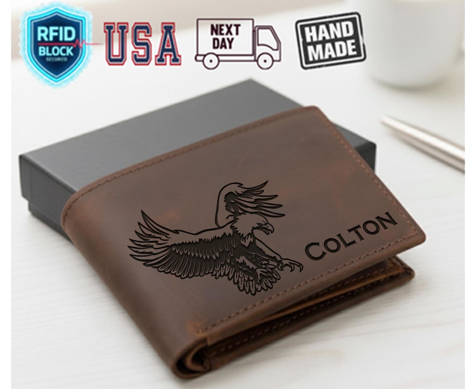 Personalized Bald Eagle Leather Wallet, Custom Wallet Name for Men ...