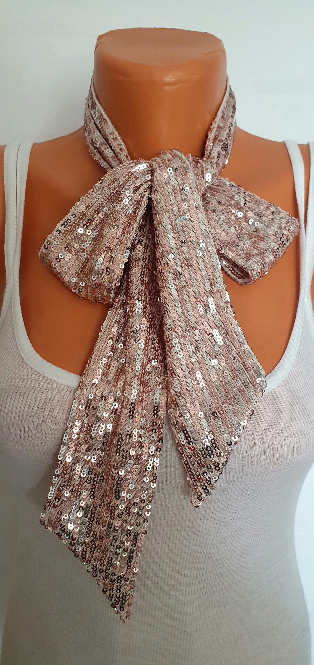 Beige Rose Gold Sequin Skinny Scarf Tie,beige Sequin Sash Bow Tie ...