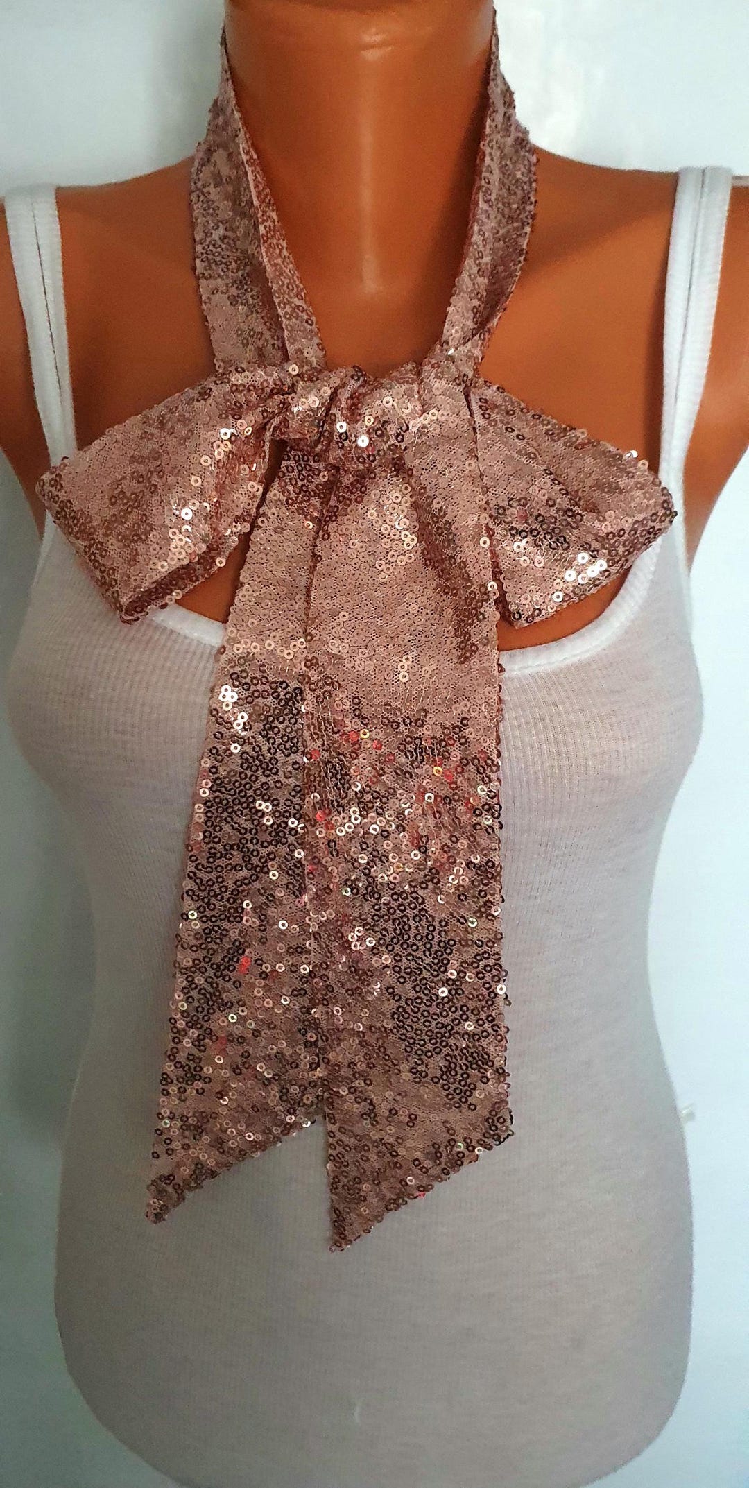 Beige Rose Gold Sequin Skinny Scarf Tie,bare Beige Sequin Sash Bow Tie ...