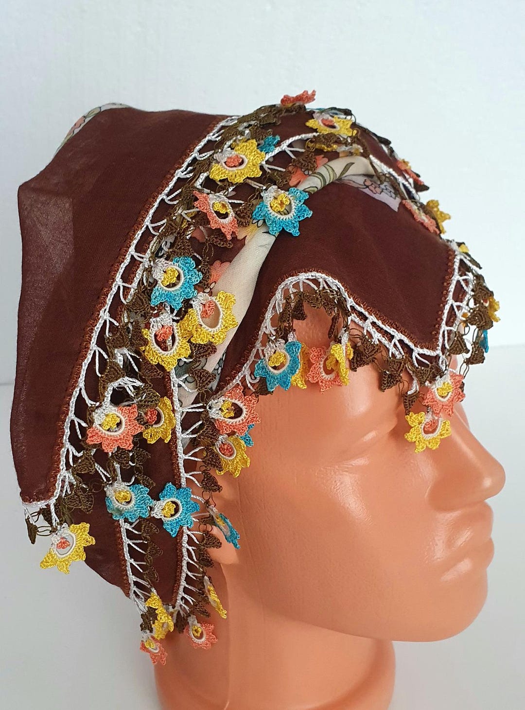 Flower Crochet Embroidered Hijab Handmade Scarf Adorned With Beaded ...