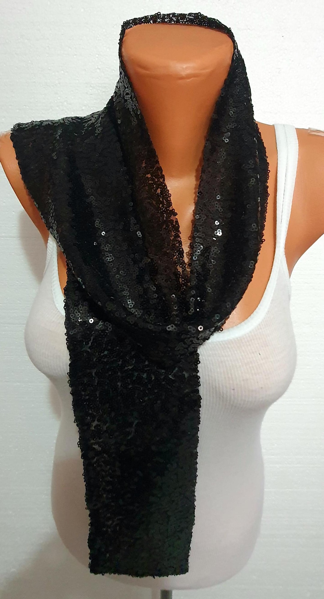 Black Sequin Skinny Scarf, Sequin Scarf,black Sequin Necktie Bow Tie ...