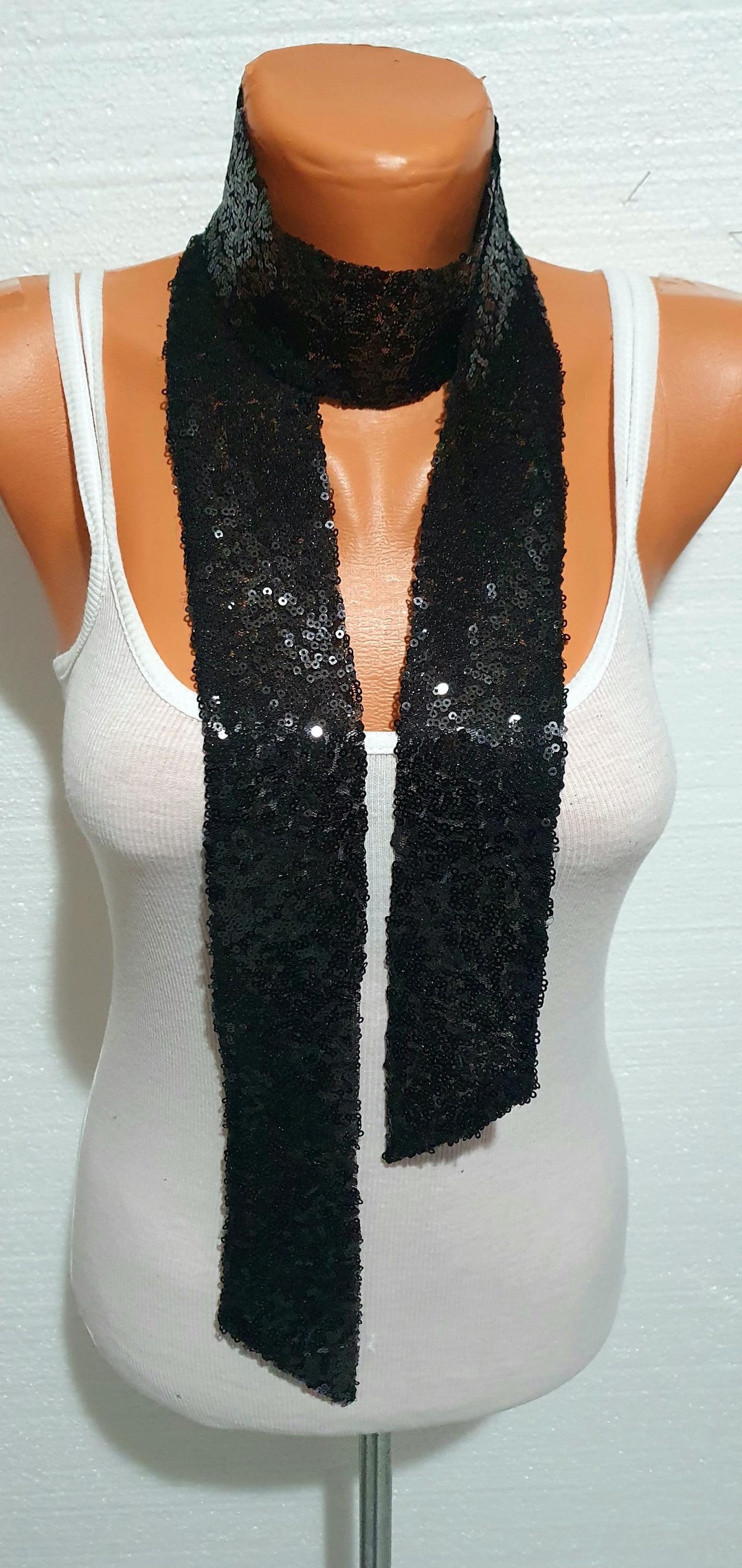 Black Sequin Skinny Scarf, Sequin Scarf,black Sequin Necktie Bow Tie ...
