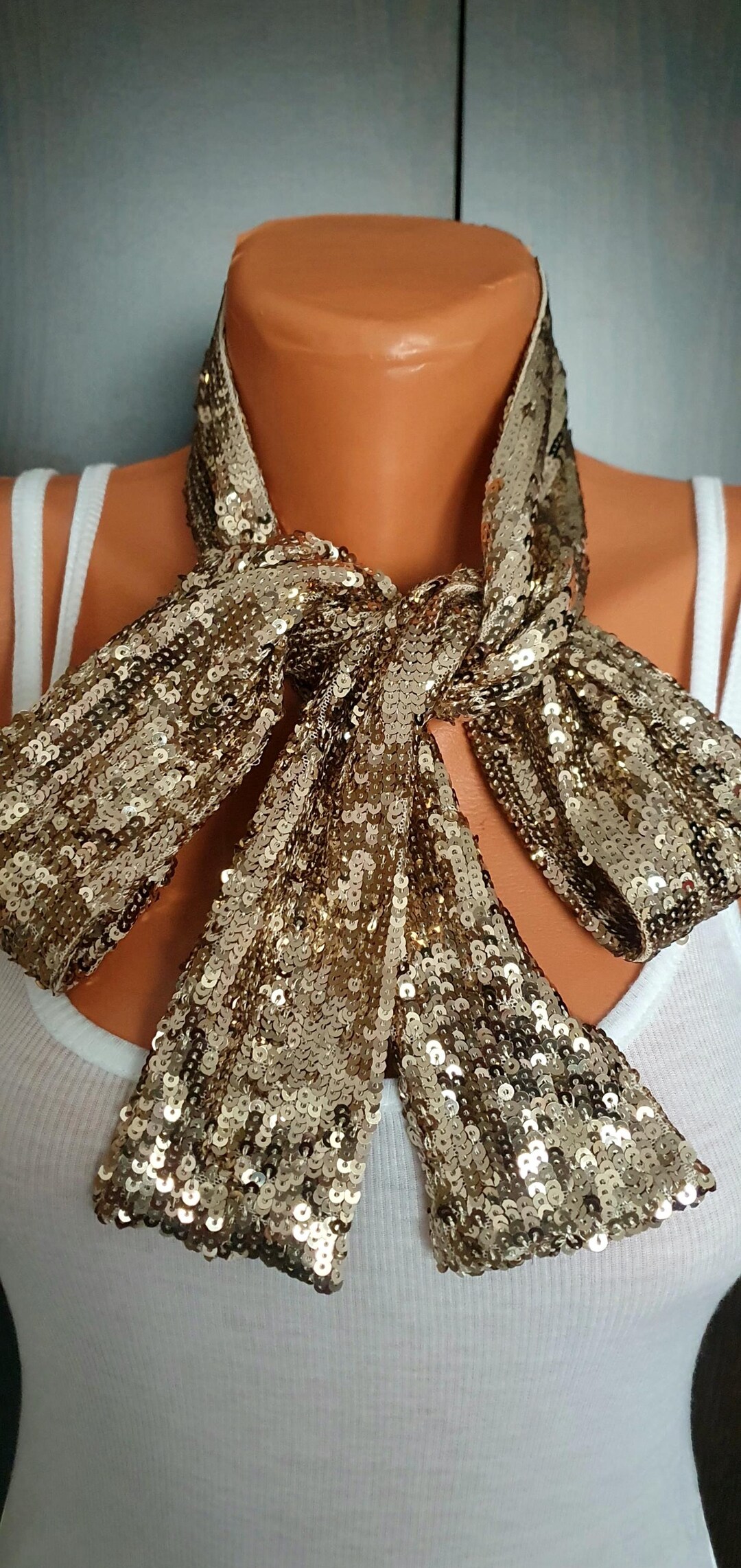 Gold Sequin Skinny Scarf, Sequin Scarf, Gold Sequin Necktie Bow Tie ...