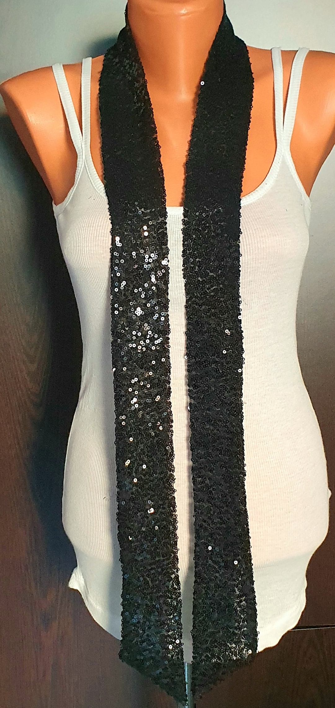 Black Sequin Skinny Scarf, Sequin Scarf,black Sequin Necktie Bow Tie ...