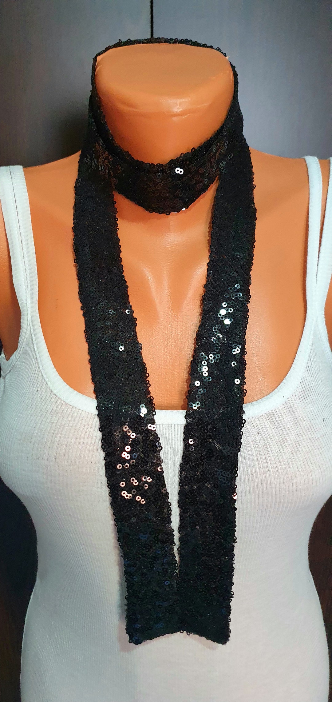 Sequin Evening Skinny Scarf, Black Thin Sequin Scarf,narrow Sequin ...