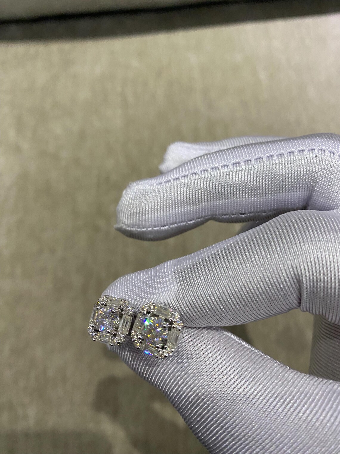 Moissanite Earrings Studs 3 Carats Each Ear (8mm) Baguette & Round Stone Style, VVS1 Clarity ...