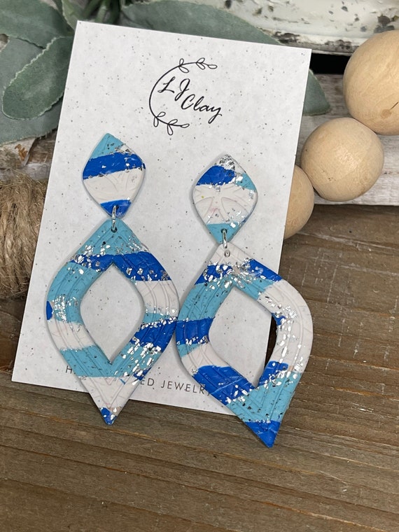 Shades of Blue Pointed Tear Drop Clay Earrings Handmade and - Etsy