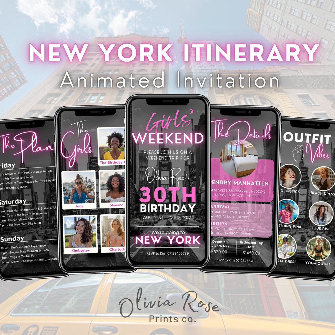 New York Girls Weekend Birthday Itinerary Template, Animated Invitation ...
