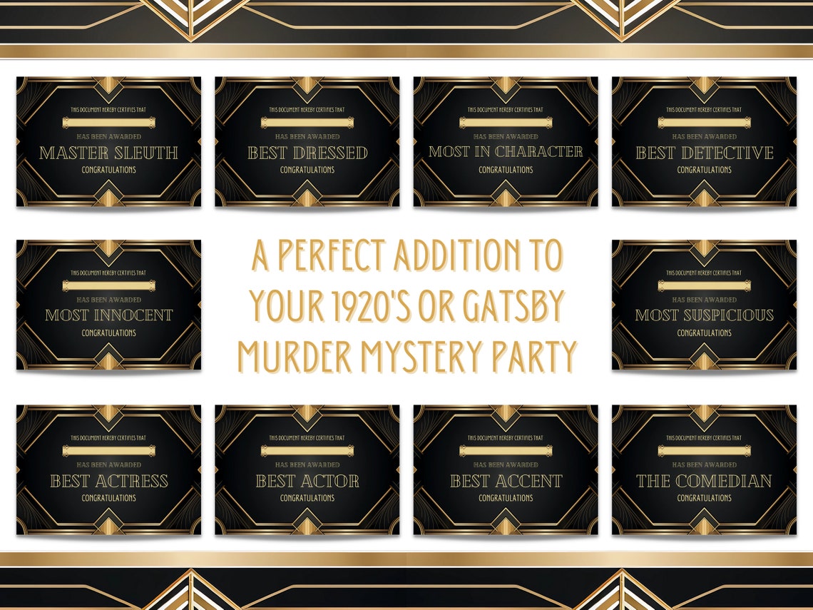 Gatsby Murder Mystery Certificates, Printable Murder Mystery Game, Art ...