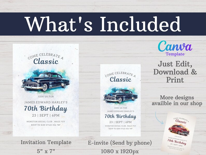 Black Vintage Car Birthday Invitation, 70th Birthday Invitation ...