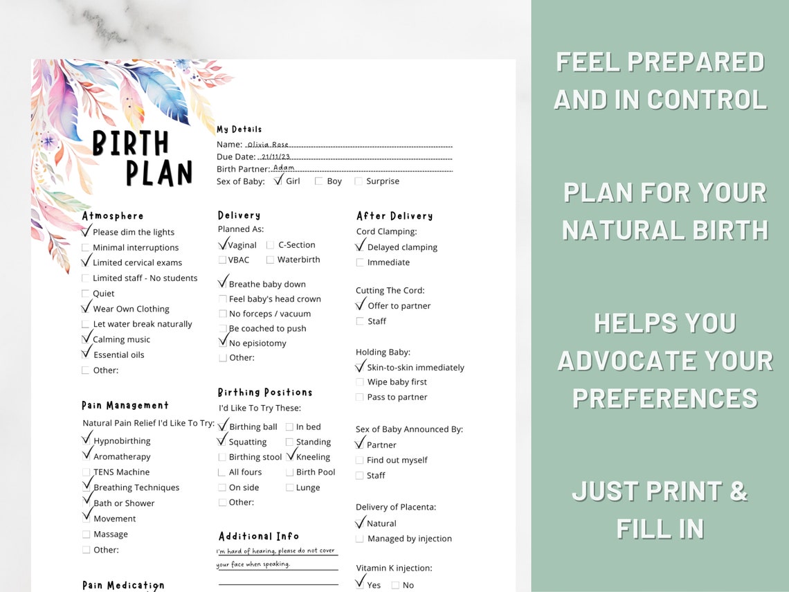 Natural Birth Plan Template Canva, Printable Birth Preferences Template ...