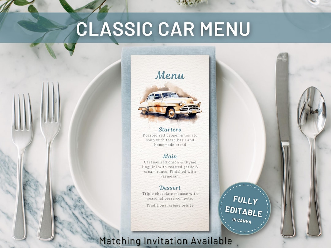 Vintage Car Birthday Dinner Menu, 70th Birthday Menu, Classic Car Lover ...