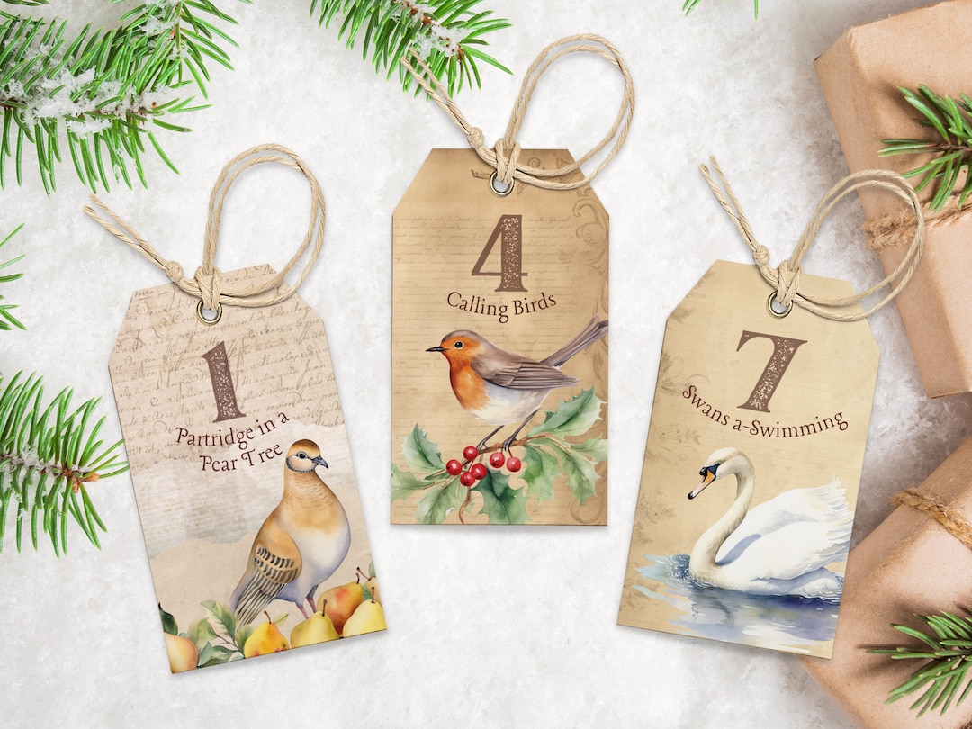 12 Days of Christmas Tags, Printable Christmas Gift Tags, Vintage Gift ...