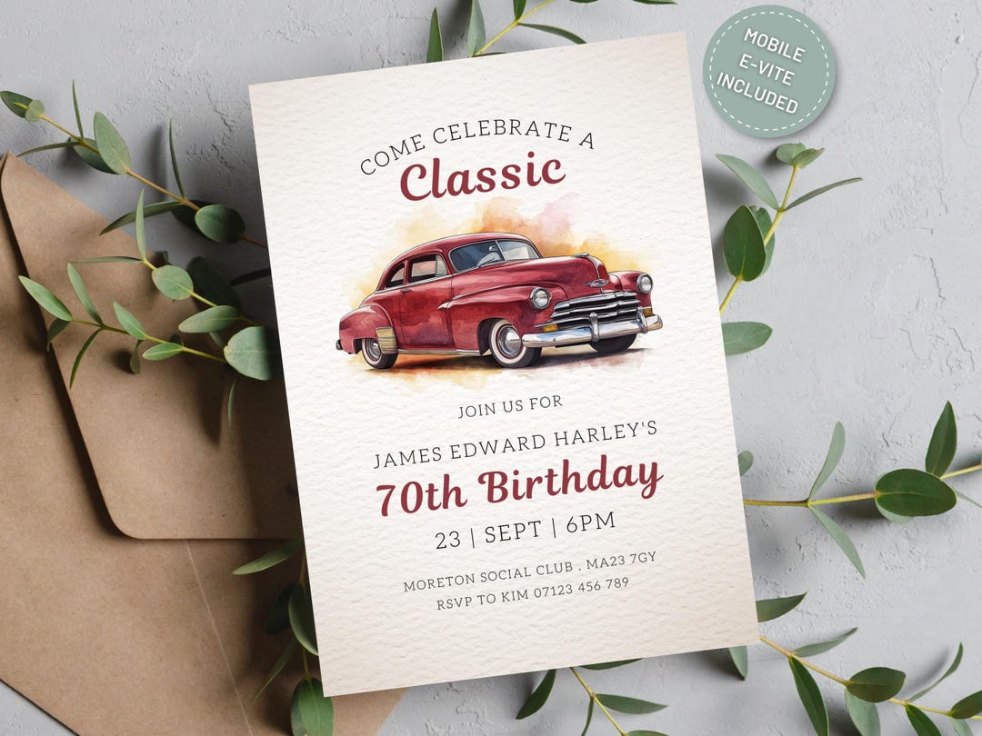 Red Vintage Car Birthday Invitation, 70th Birthday Invitation, Classic ...