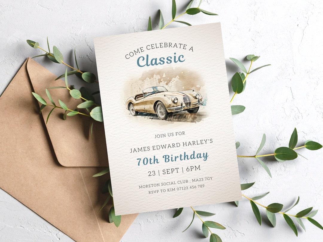 Vintage Car Birthday Invitation, 70th Birthday Invitation, Classic Car ...