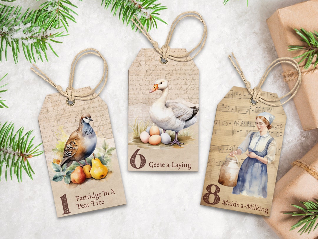 12 Days of Christmas Tags, Printable Christmas Gift Tags, Vintage Gift ...