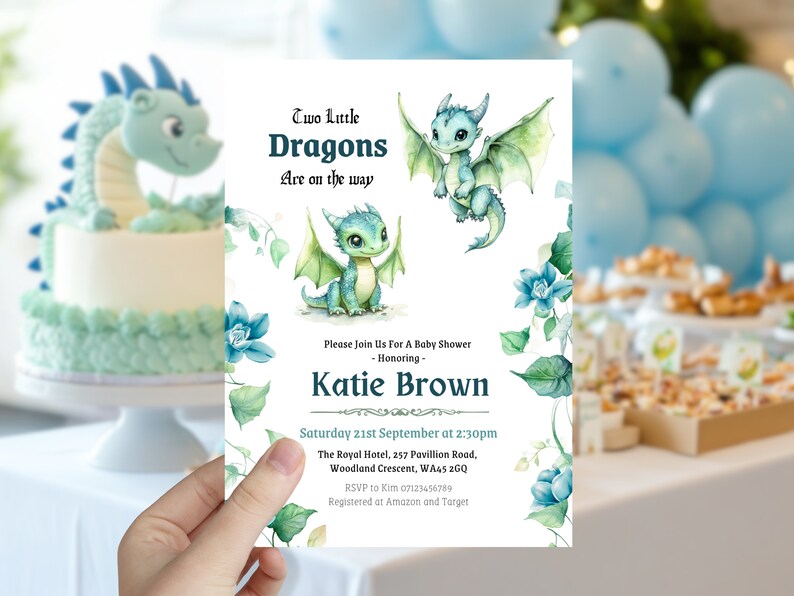 Twin Dragon Baby Shower Invitation, Blue Dragon Themed Baby Shower ...