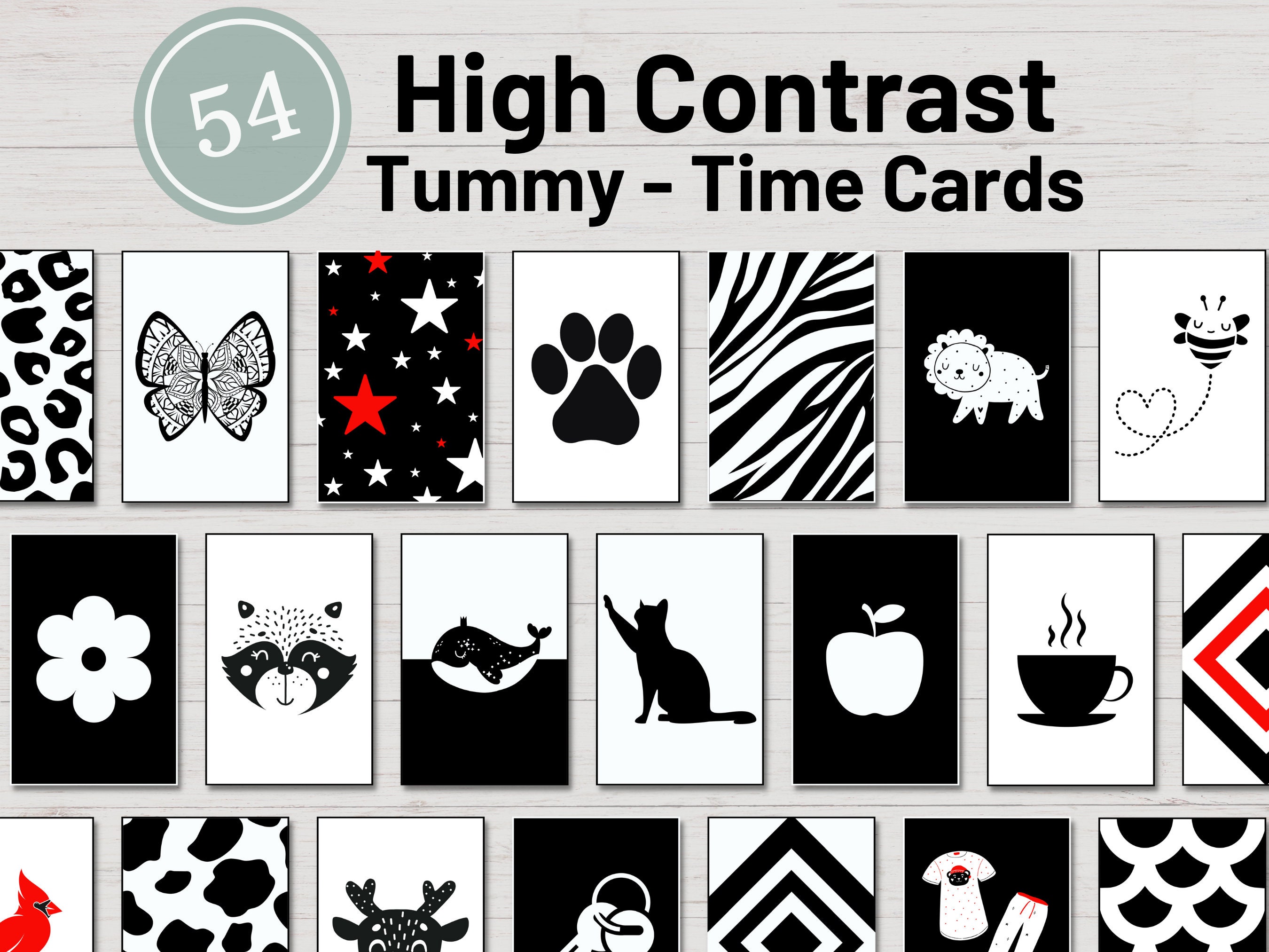 54 Black and White Tummy Time Cards | High Contrast Baby Sensory Cards ...