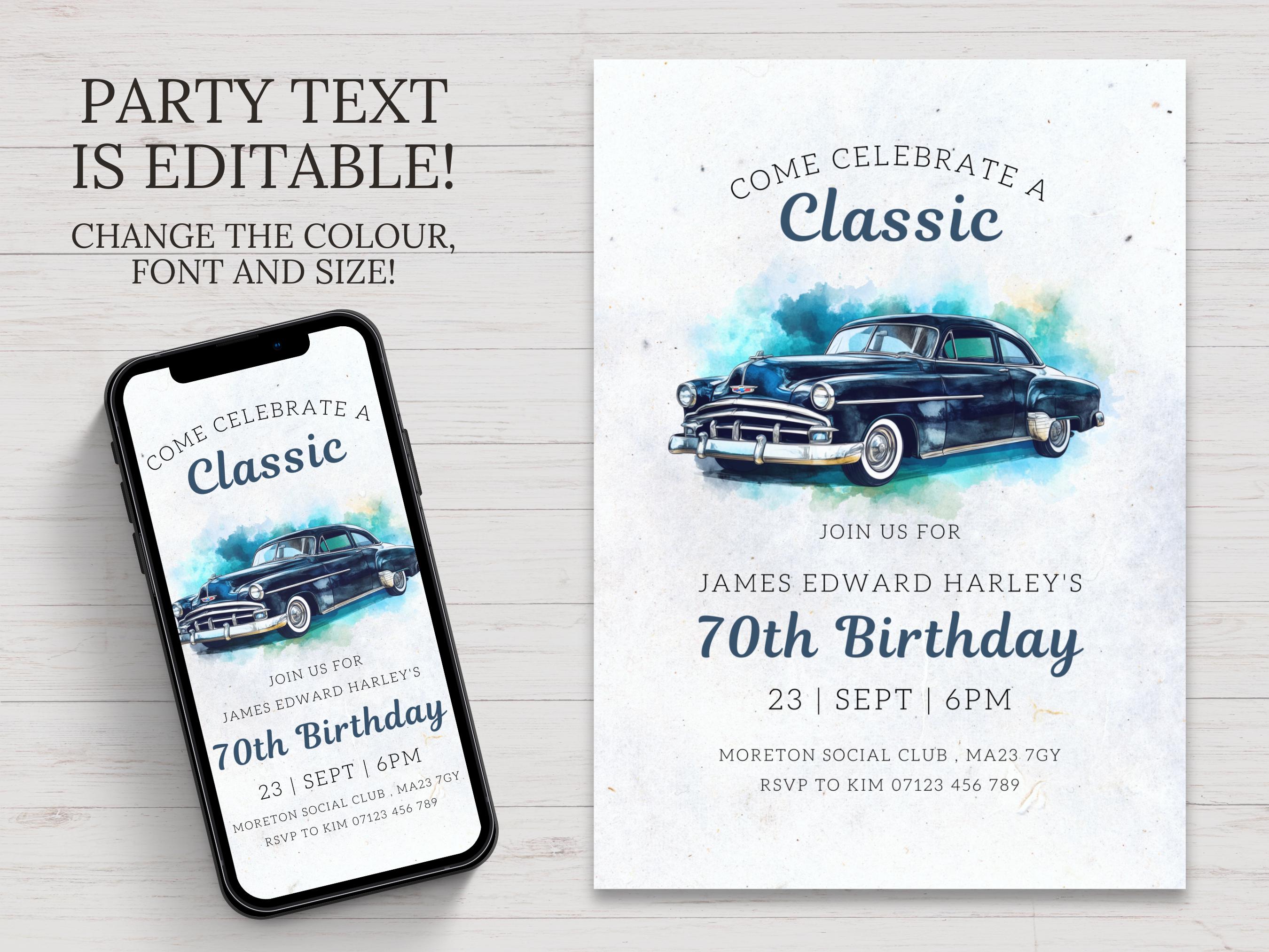 Black Vintage Car Birthday Invitation, 70th Birthday Invitation ...