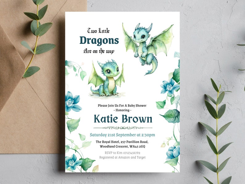 Twin Dragon Baby Shower Invitation, Blue Dragon Themed Baby Shower ...
