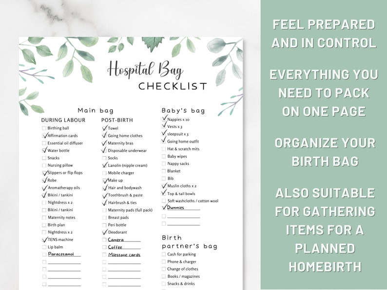 Hospital Bag Checklist UK & USA Checklist for Mum Checklist for Baby ...