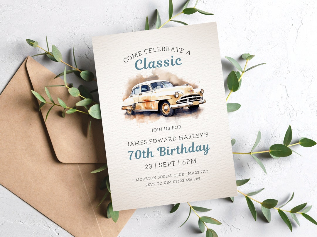 Vintage Car Birthday Invitation, 70th Birthday Invitation, Classic Car ...