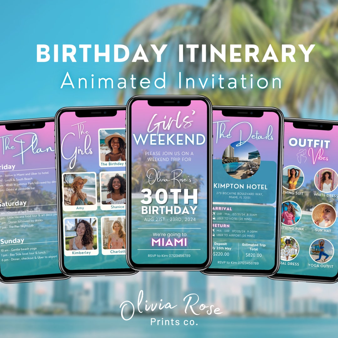 Girls Trip Itinerary Video Invitation, Miami Travel Itinerary, Girls ...