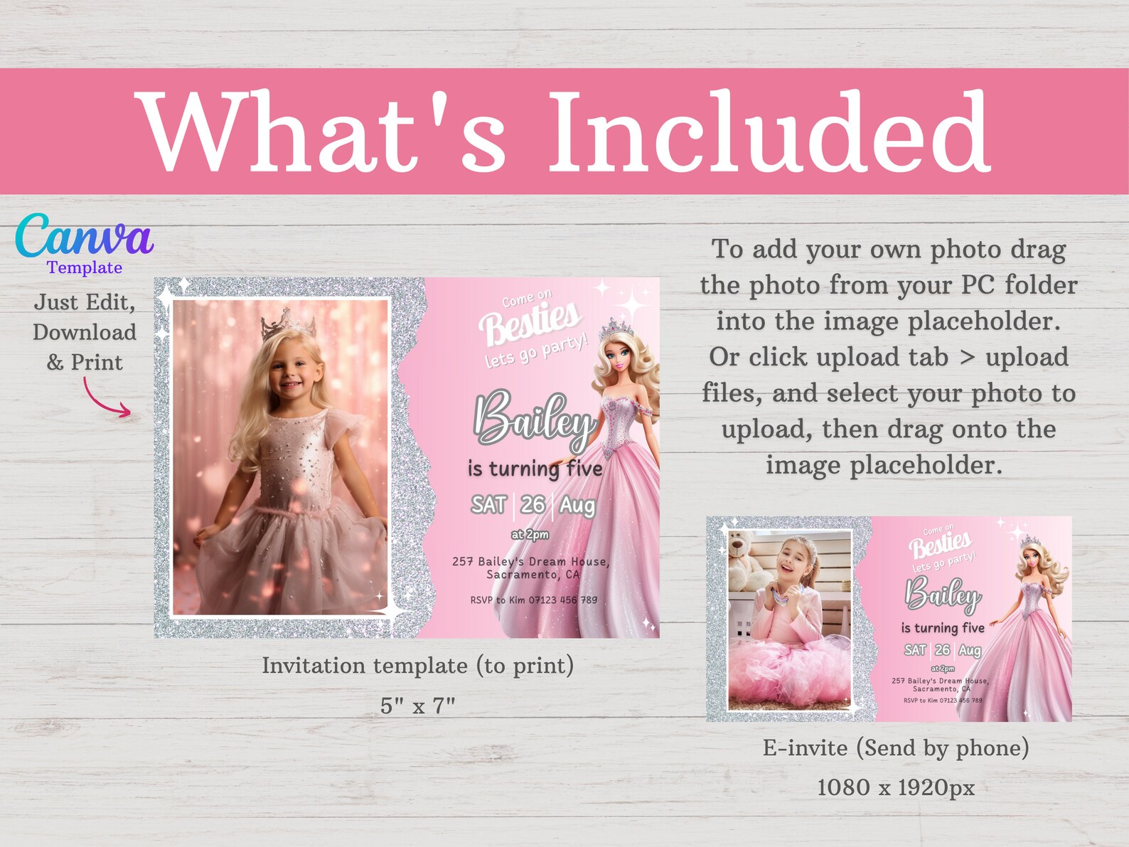 Pink Doll Invitation Template, Girls Birthday Party Invitation, Sparkly ...