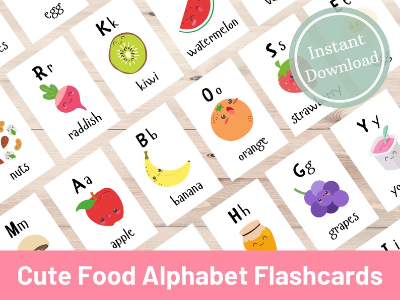 Cute Food Alphabet Flashcards ABC Flashcards Printable - Etsy