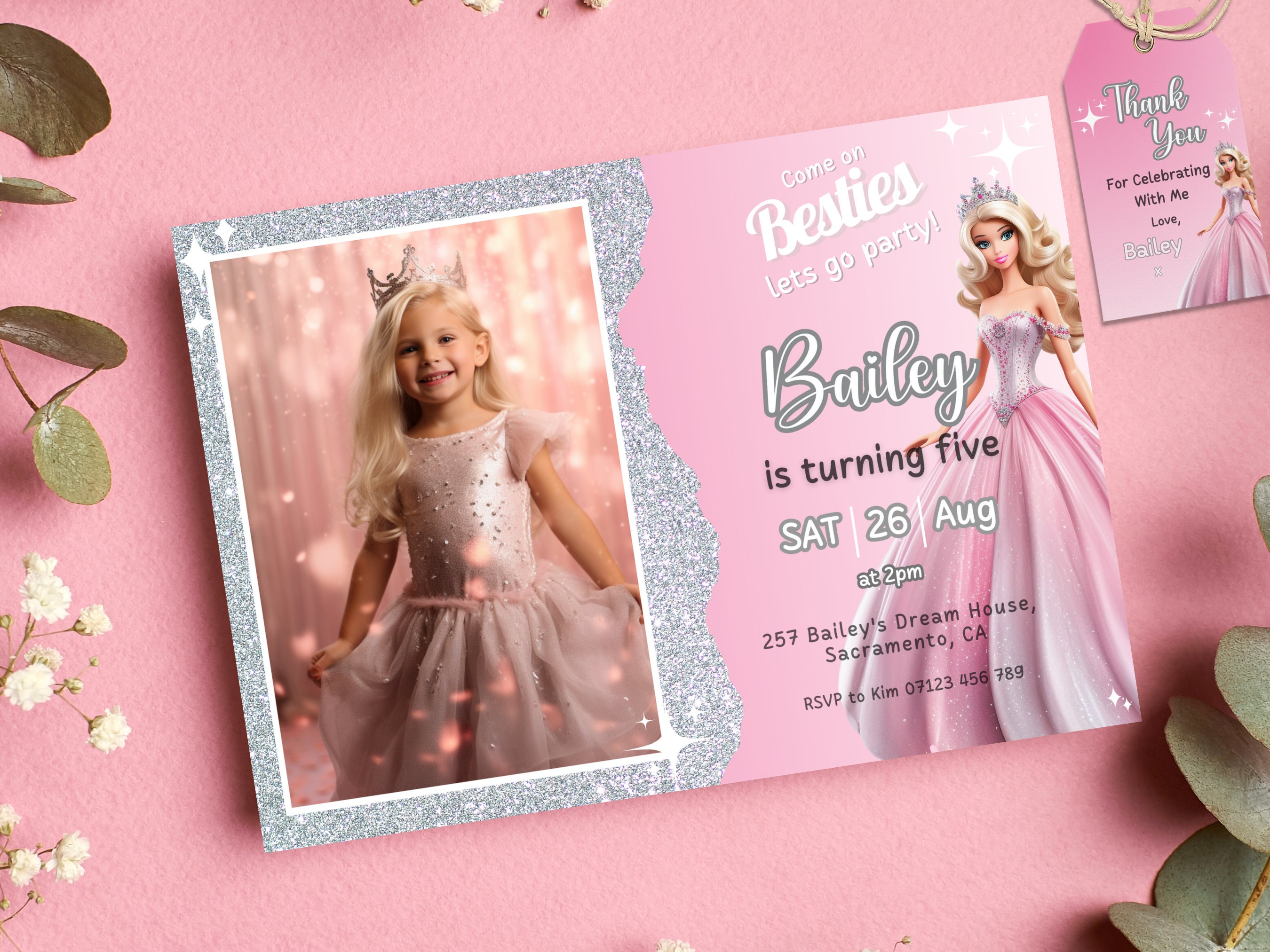 Pink Doll Invitation Template, Girls Birthday Party Invitation, Sparkly ...