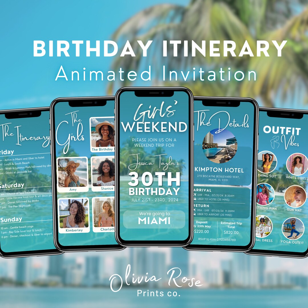 Girls Trip Itinerary Video Invitation, Miami Travel Itinerary, Girls ...