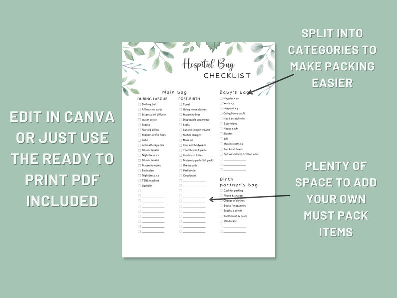 Hospital Bag Checklist UK & USA Checklist for Mum Checklist for Baby ...