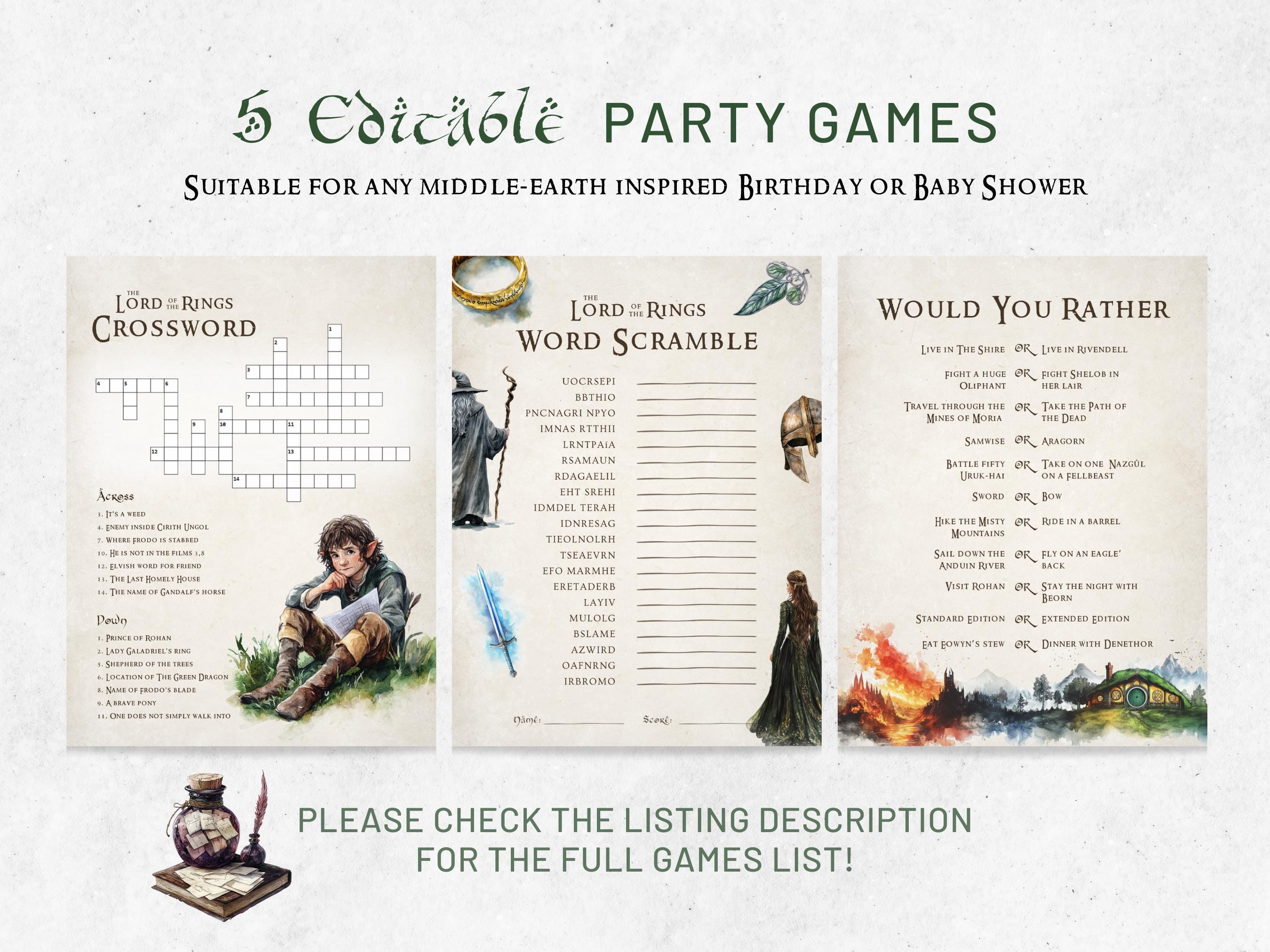 Fantasy Inspired Party Games for the Hobbit / LOTR Lovers, Baby Shower ...
