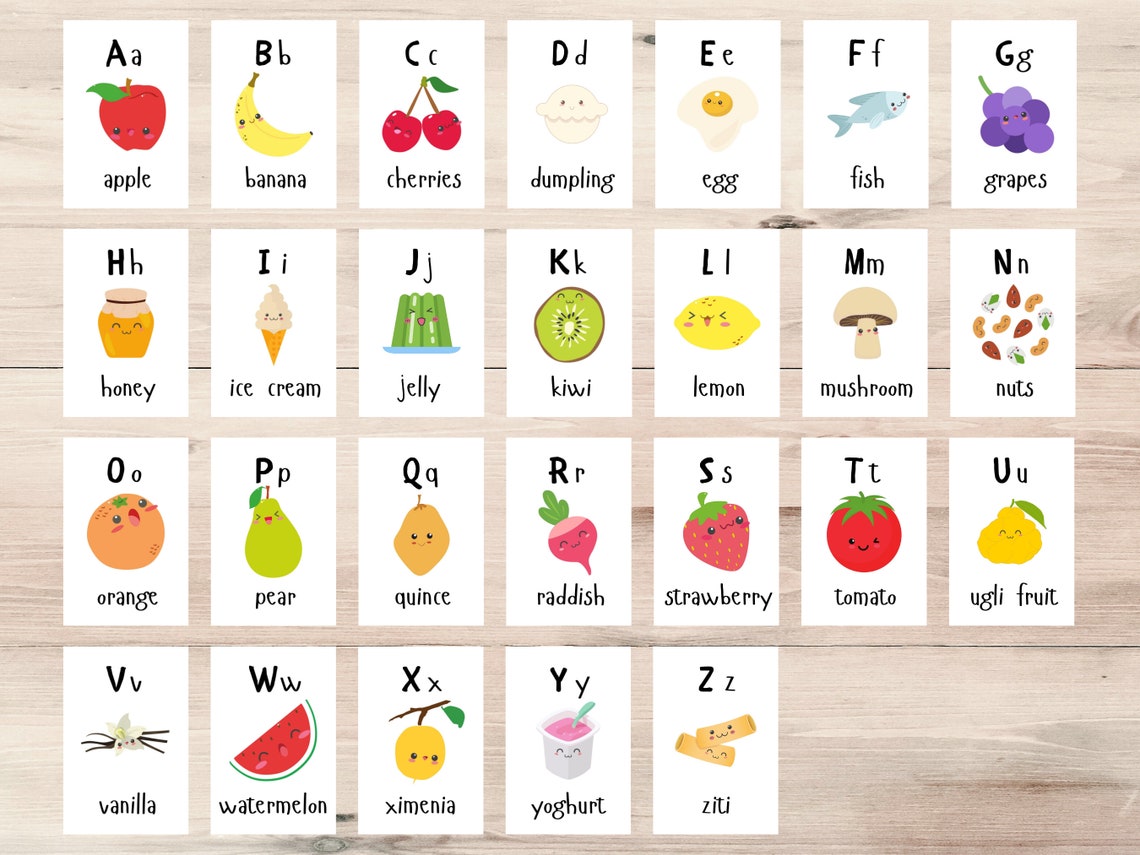 Cute Food Alphabet Flashcards ABC Flashcards Printable - Etsy