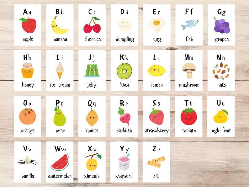 Cute Food Alphabet Flashcards ABC Flashcards Printable - Etsy