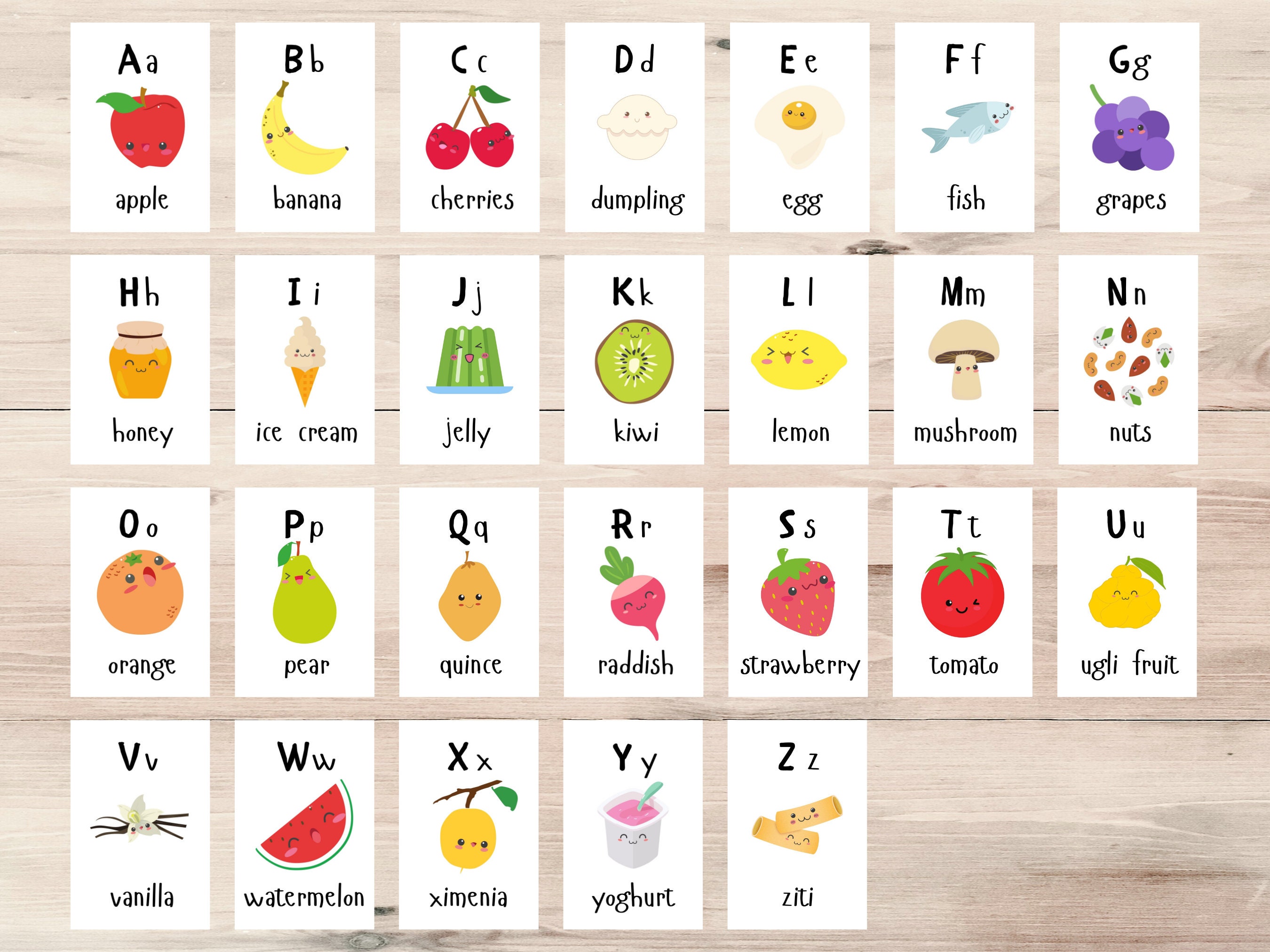 Cute Food Alphabet Flashcards ABC Flashcards Printable - Etsy